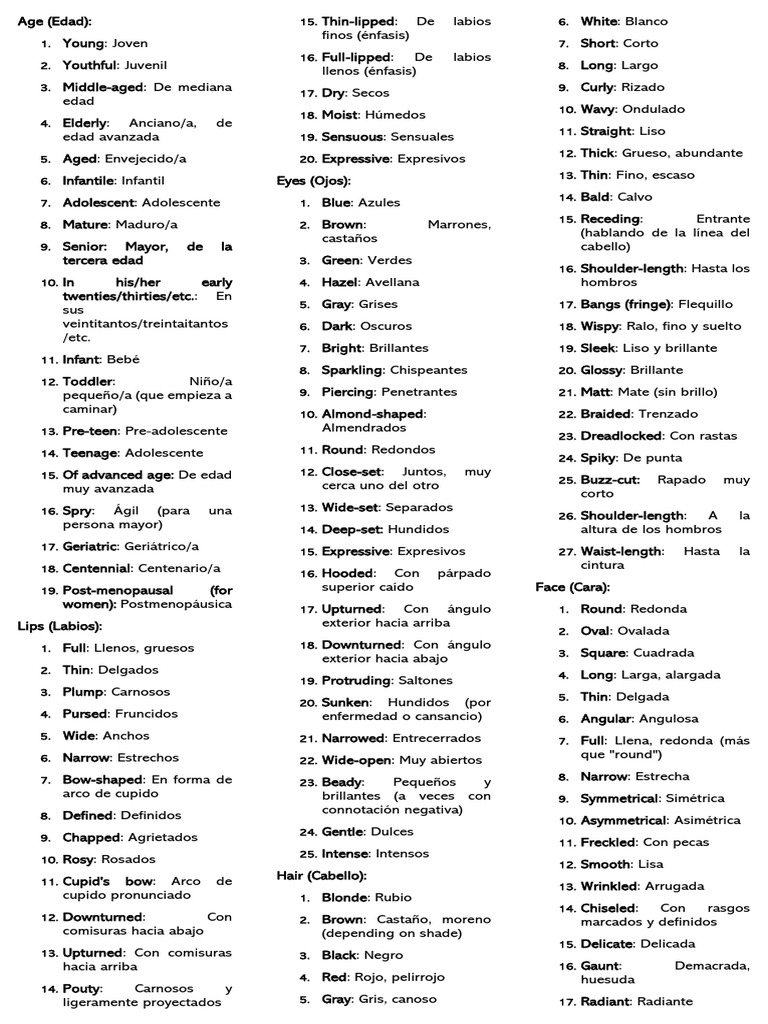 Lista de Adjetivos Descriptivos PDF | PDF | Color de pelo | Moda