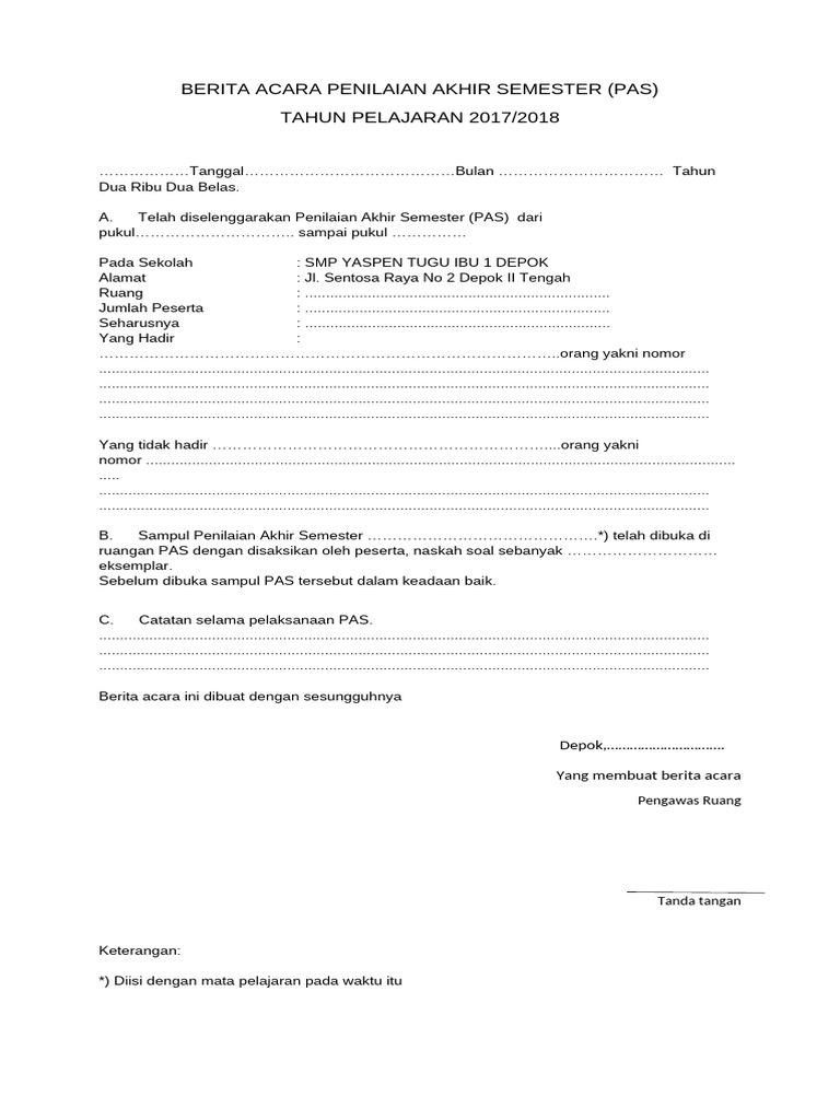 Berita Acara Penilaian Akhir Semester | PDF