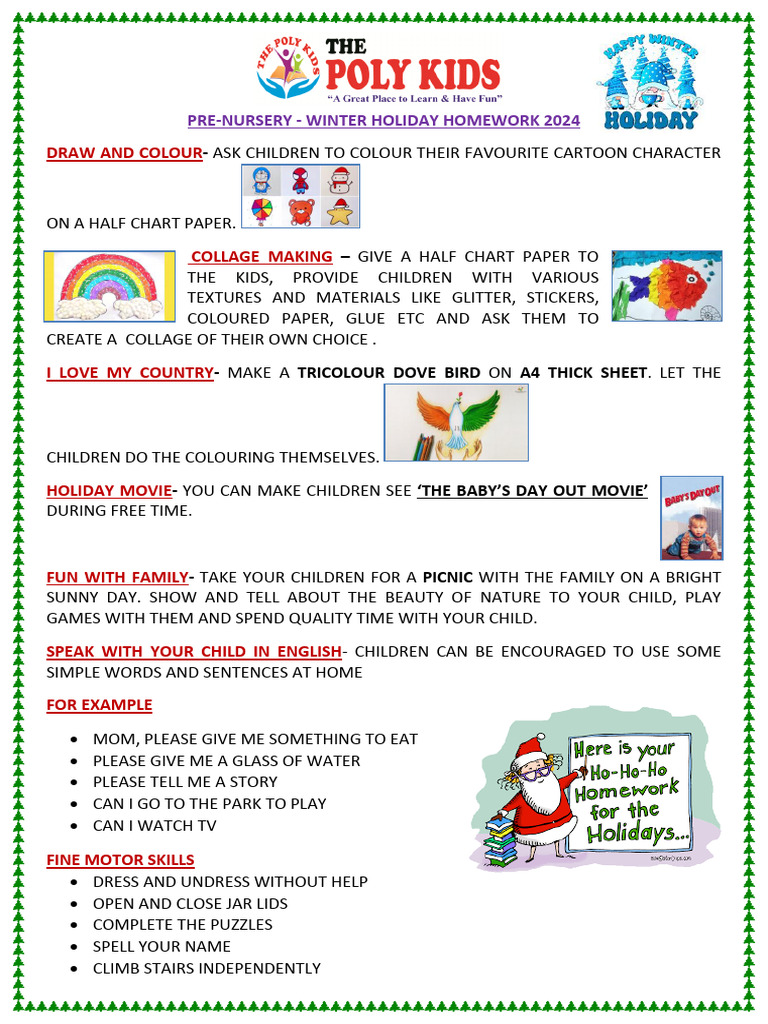 Pre-Nur Winter Holiday Homework 2024 | PDF