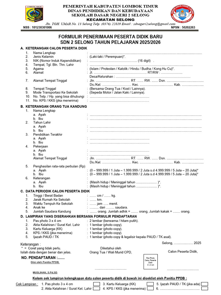 Formulir PPDB SD Tahun 2025 PPDB Selong JSN | PDF