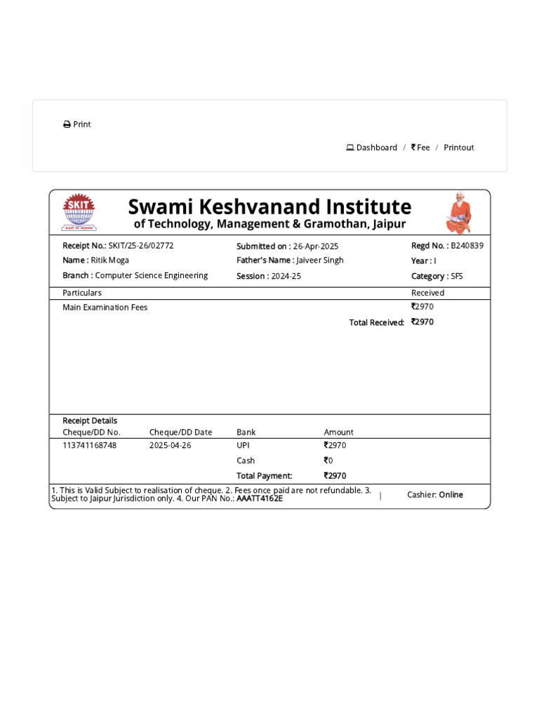 Computer Science Fee Receipt 2025 | PDF