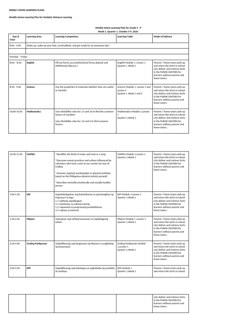 Grade 5 Weekly Home Learning Plan | PDF | Learning | Intelligence
