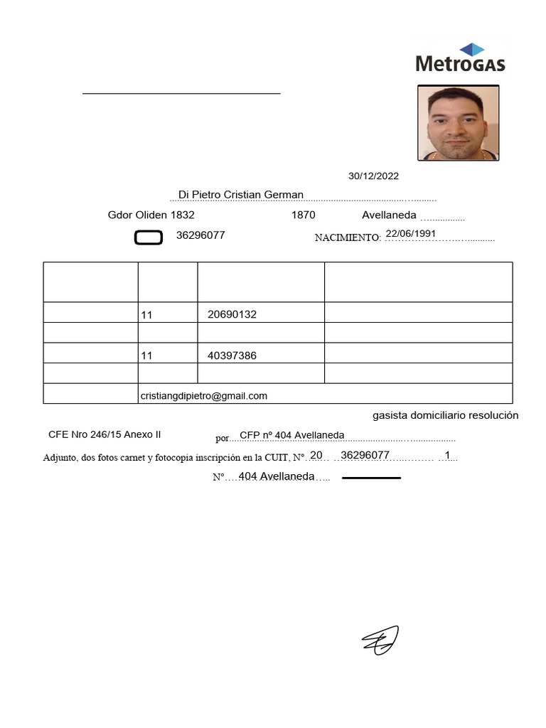 Solicitud de Inscripción en MetroGAS | PDF