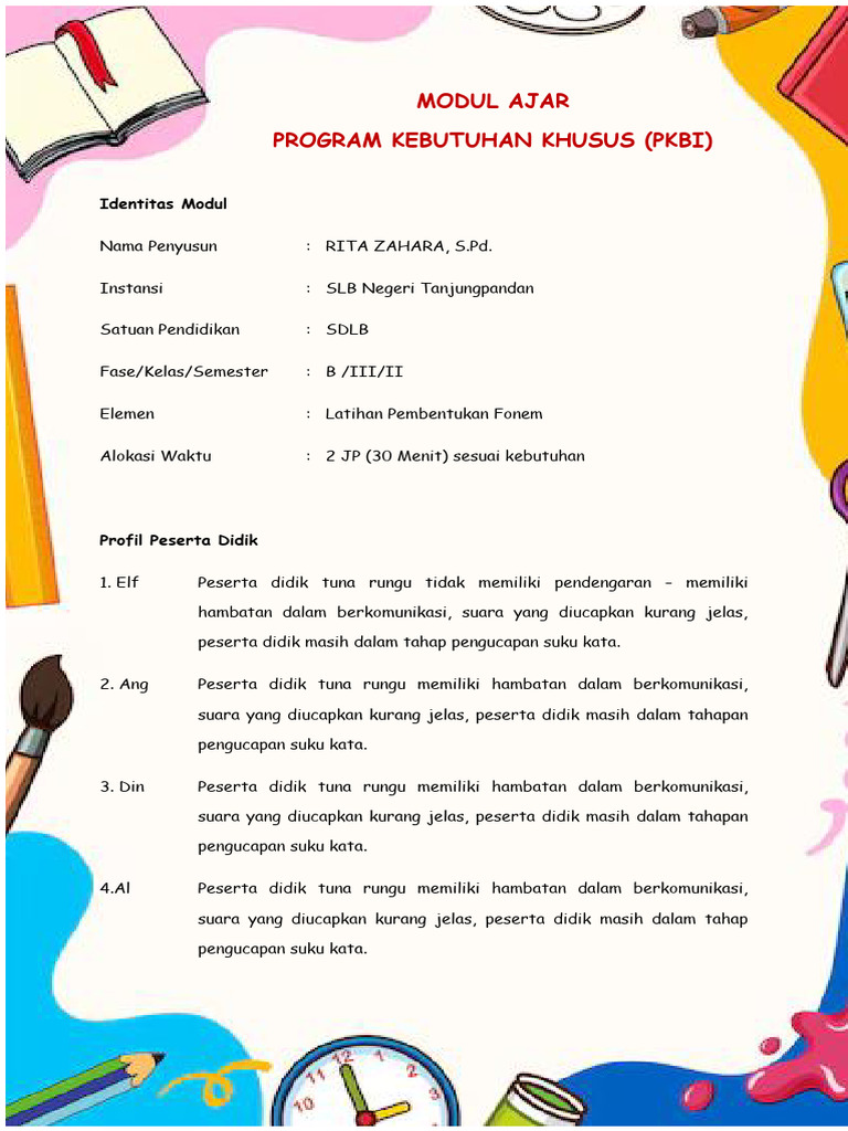 Modul Ajar Progsus Dengan Hambatan Pendengaran - MODUL AJAR PKBI SLB - Fase B - E4mEopgWGa | PDF