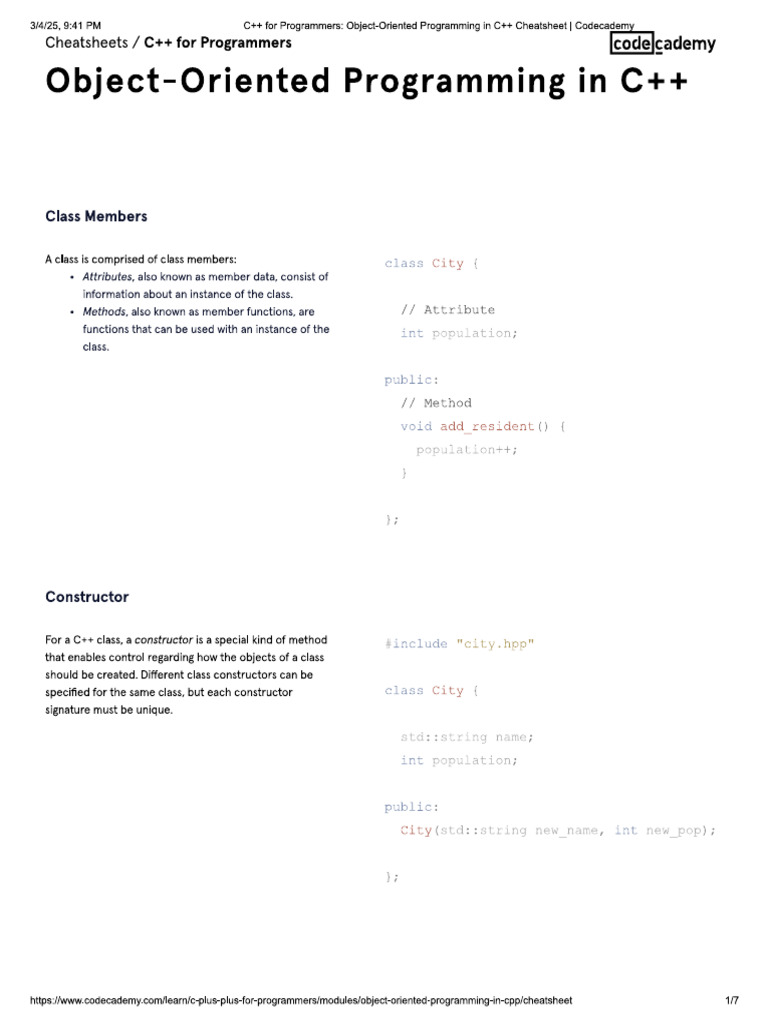 C++ Oops Cheatsheet | PDF