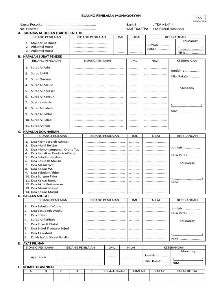 Blanko Penilaian Munaqosyah | PDF