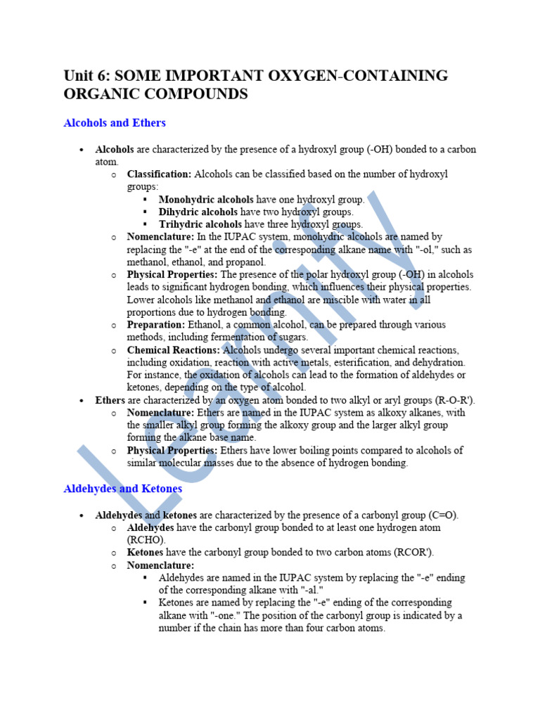 Grade 11 Chemistry Unit 6 | PDF | Ketone | Aldehyde