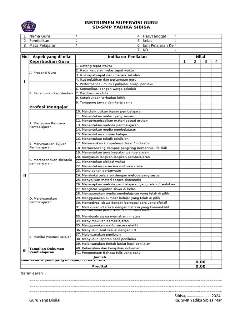 Intrumen Supervisi Yadika | PDF