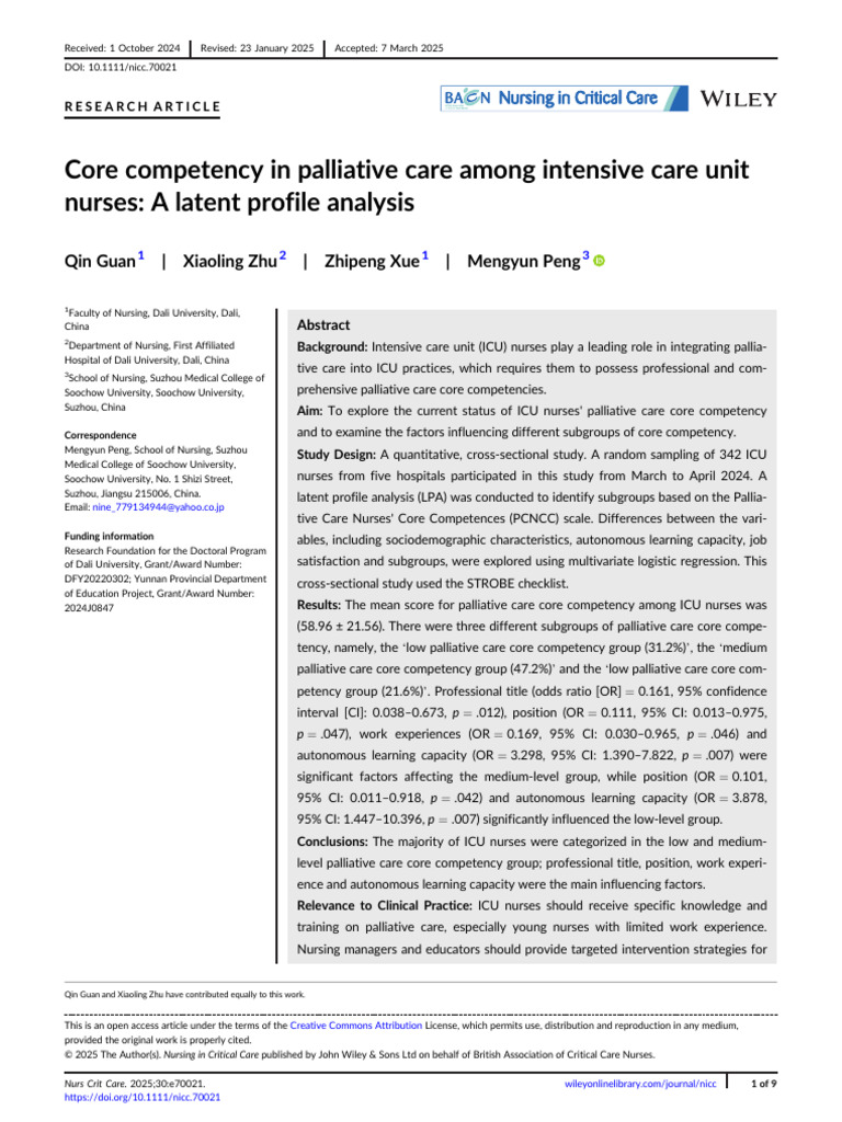 Core Competency in Palliative Care Among Intensive Care Unit Nurses A Latent Profile Analysis ...
