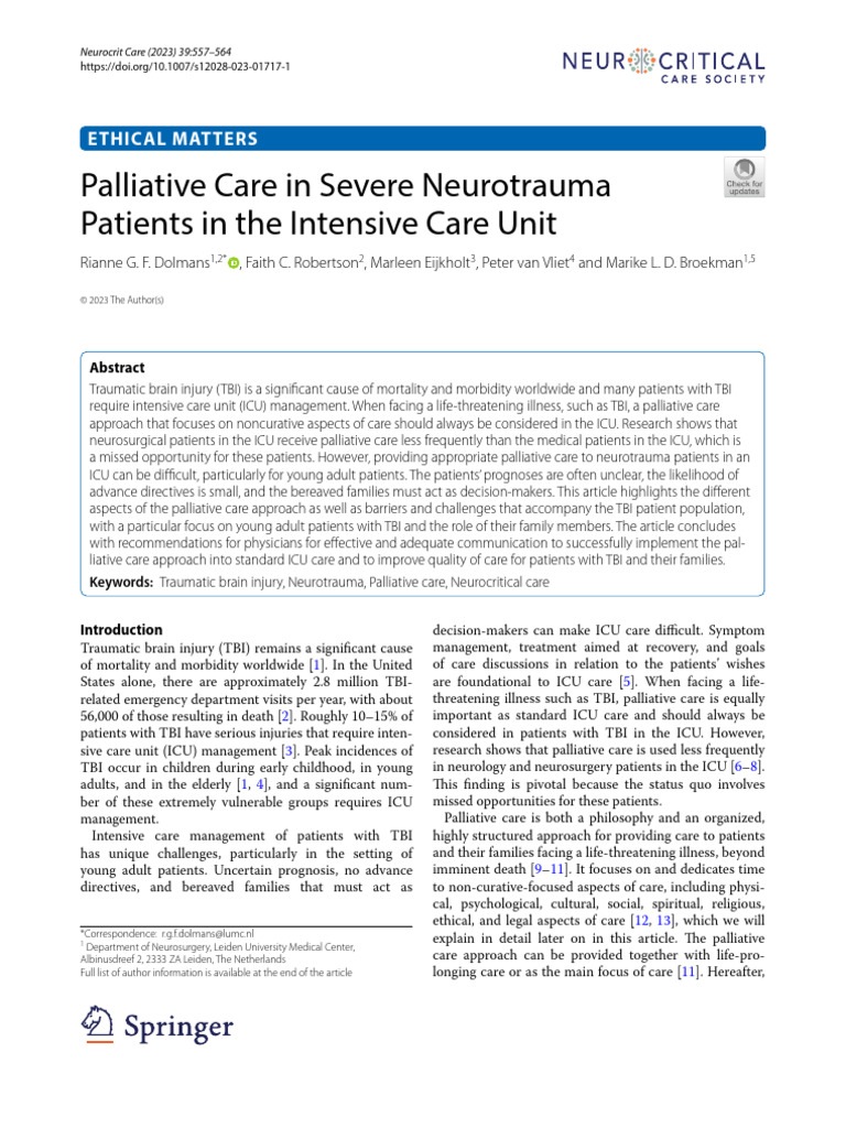 Palliative Care for Neurotrauma in ICU | PDF | Palliative Care ...
