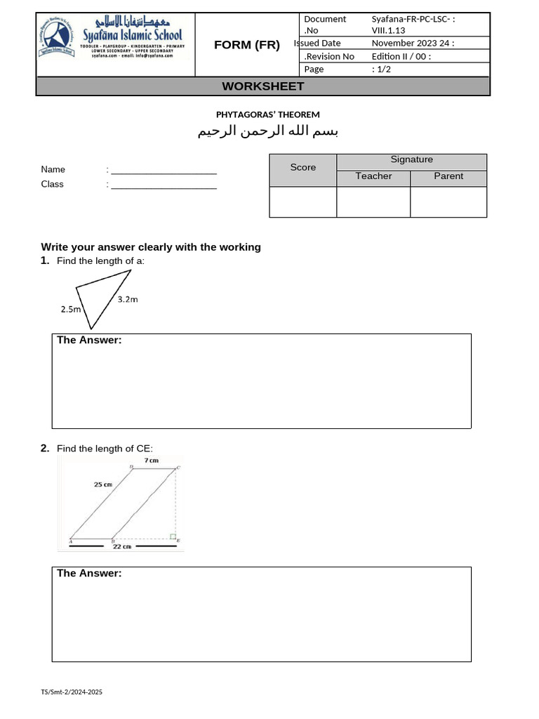 Worksheet Pythagoras' Theorem | PDF
