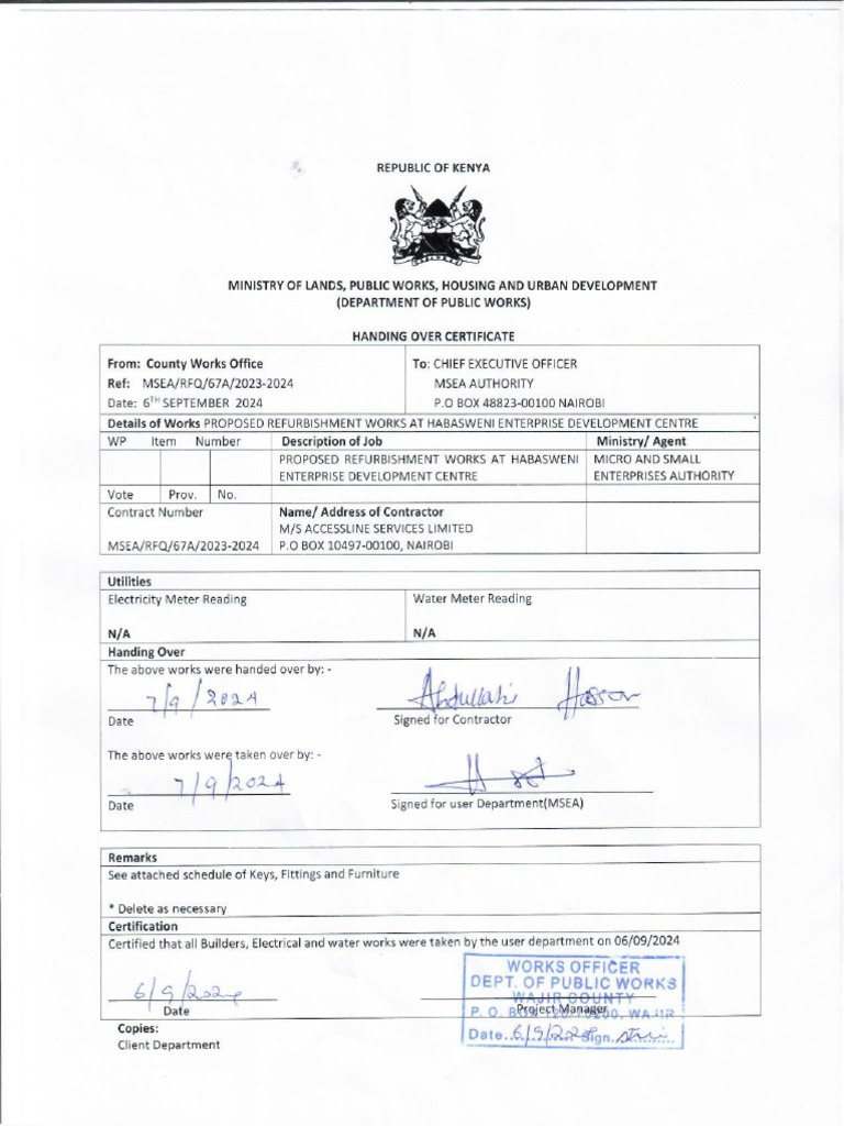 Handing Over Certificate | PDF