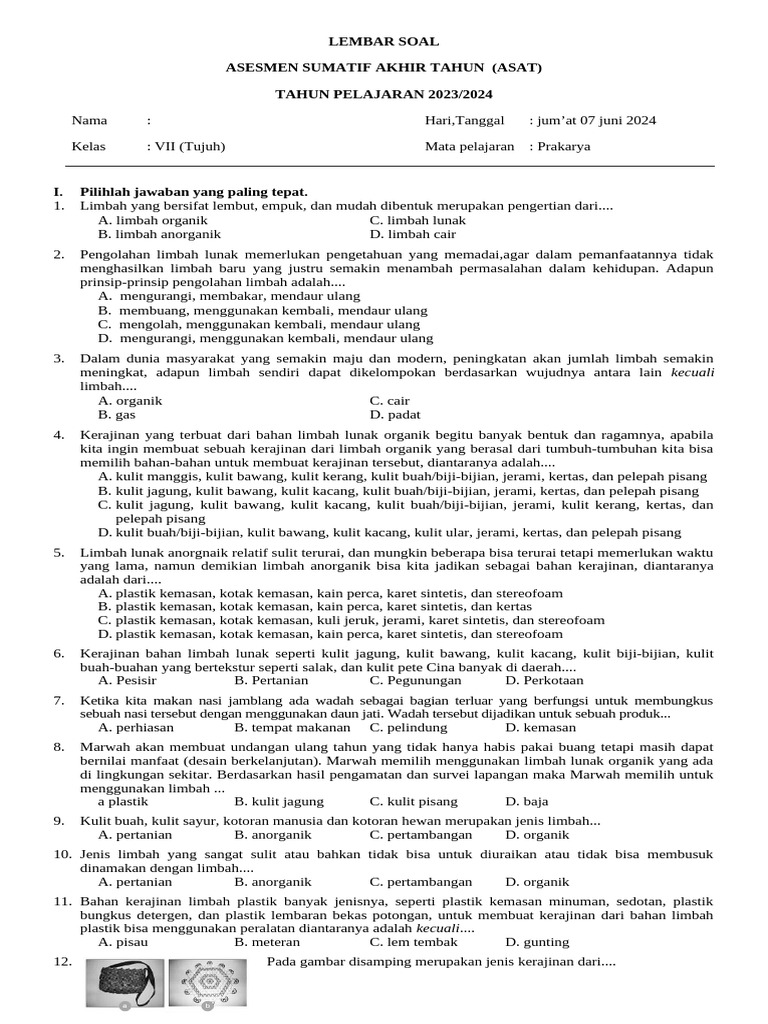 Soal Asat Prakarya Kelas 7 Sem 2 | PDF