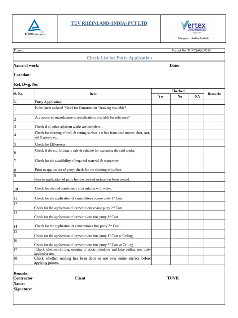 Checklist For Putty Works (1st & 2nd Coat) | PDF | Building Materials | Materials