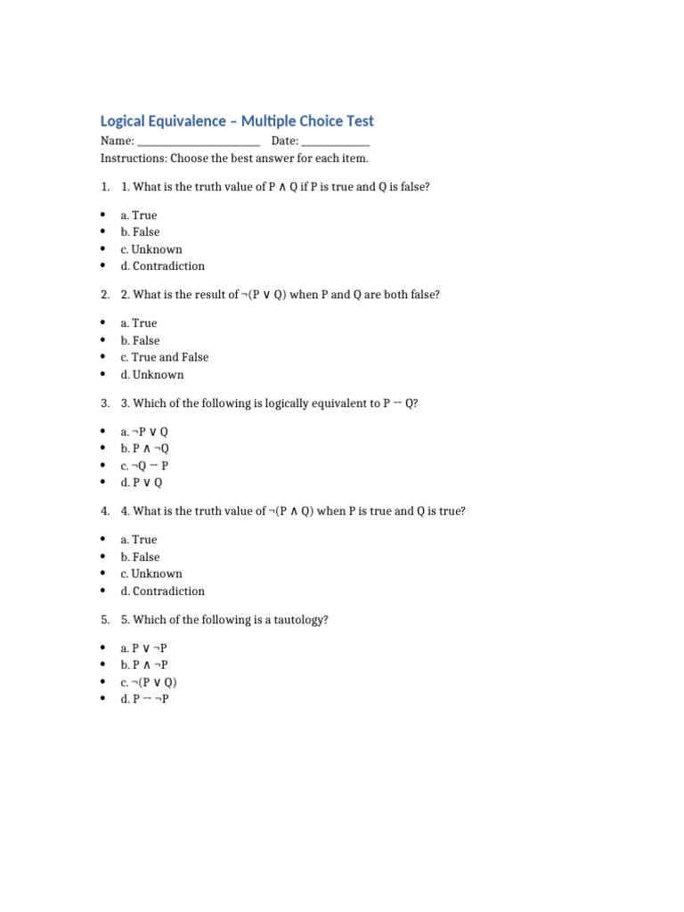 Logical Equivalence Test | PDF