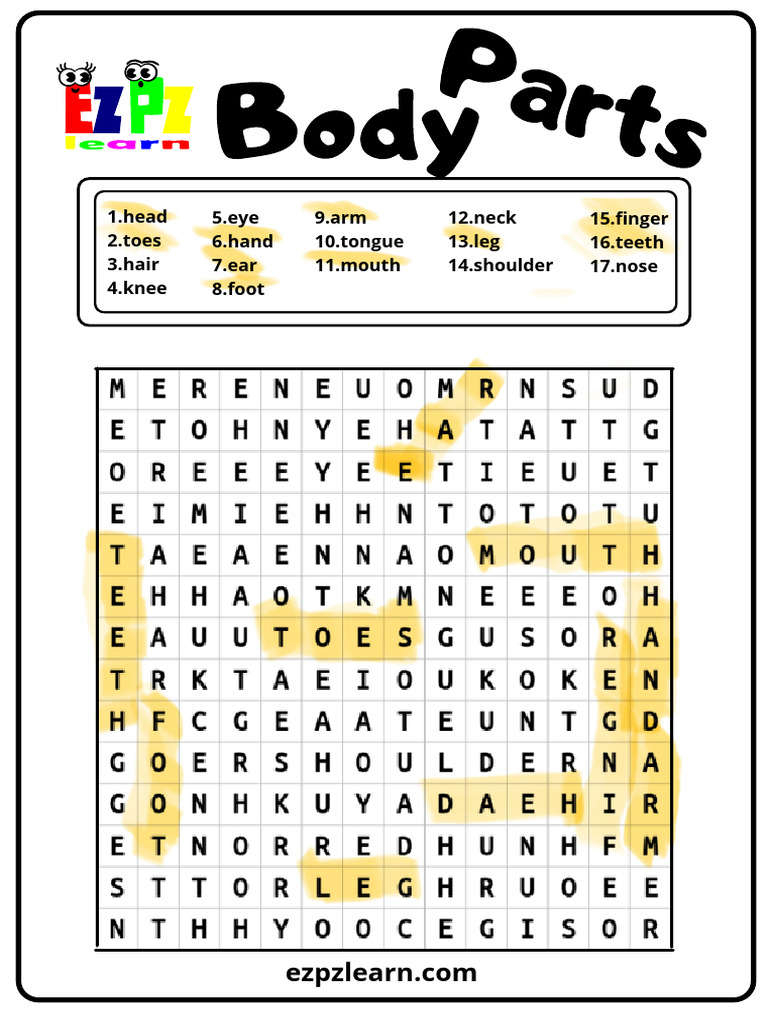 Body Parts Simple Wordsearch 2 Pdf