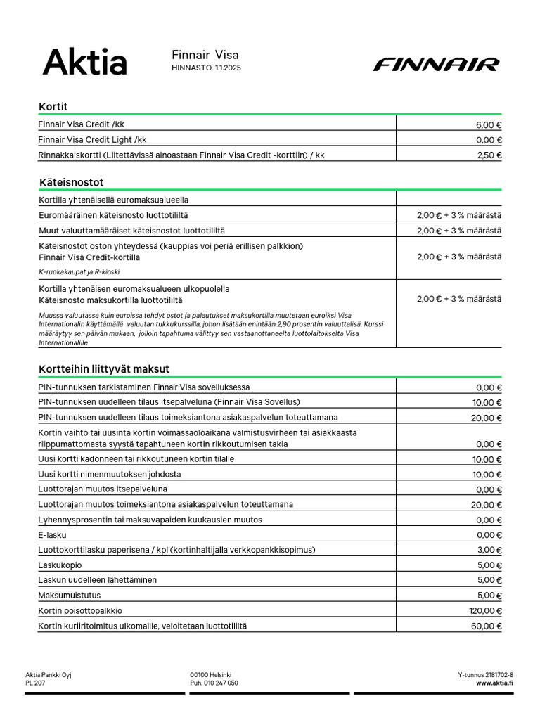 FinnairVisa Hinnasto Fi | PDF
