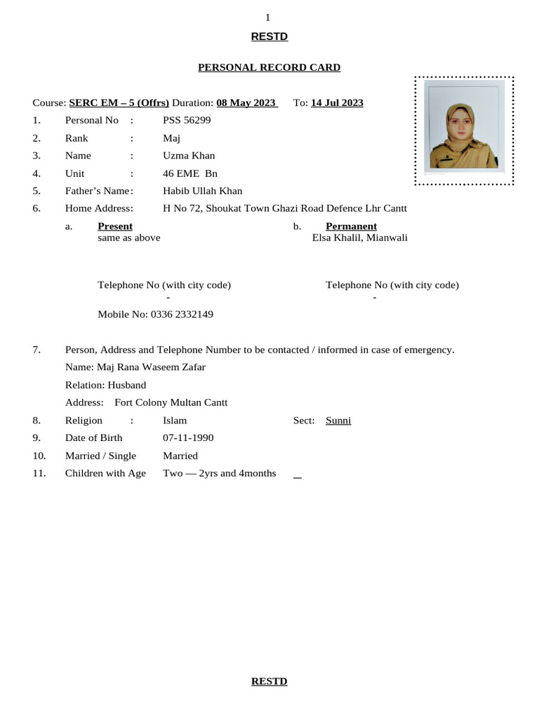Personal Record Card for Maj Uzma Khan | PDF