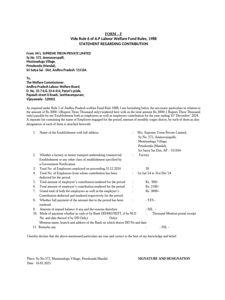 Ap. Labour Welfare Fund-Form-F | PDF | Labor | Business