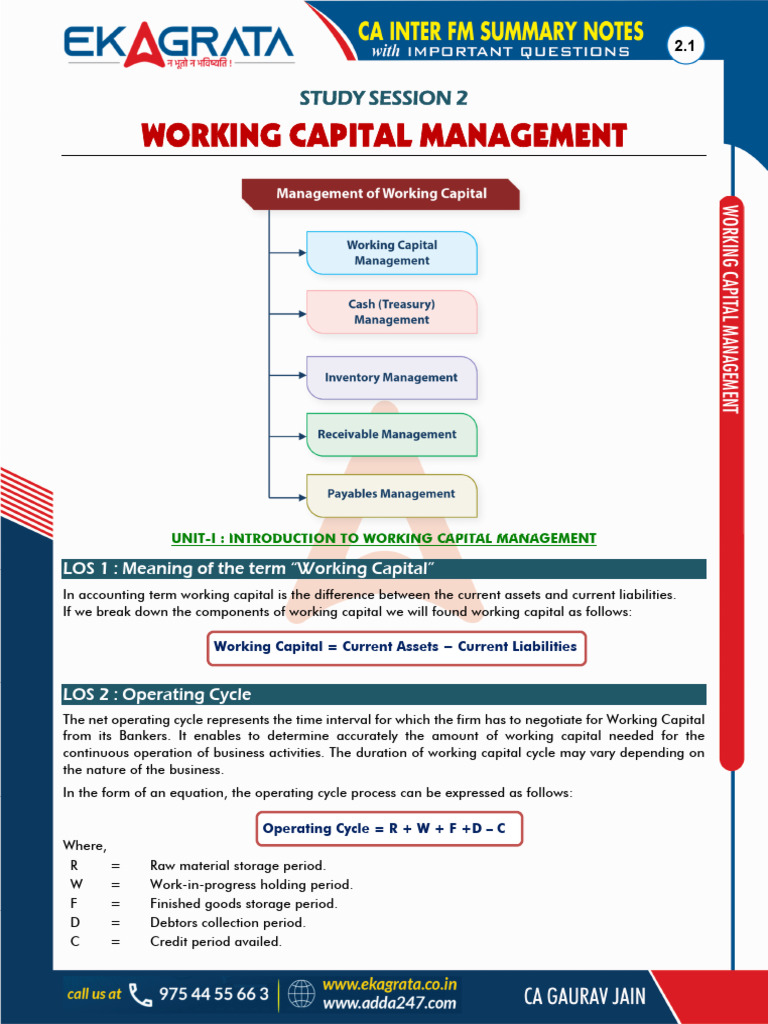 CA Inter FM Working Capital Management Summary With Important Questions ...