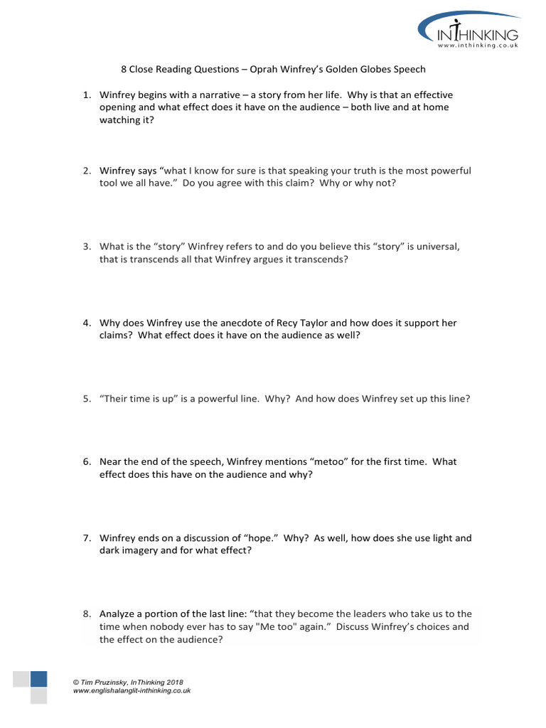 8 Close Reading Questions - Oprah Winfrey's Golden Globes Speech | PDF