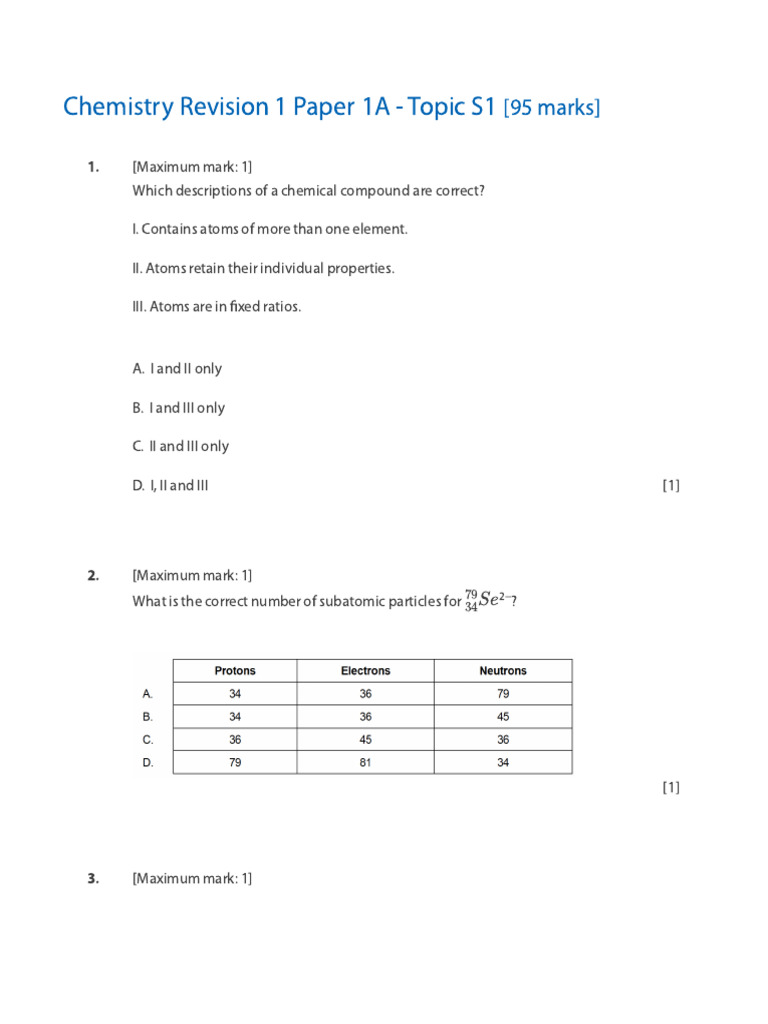 Chemistry Revision 1 Paper 1A - Topic S1 | PDF | Mole (Unit) | Gases