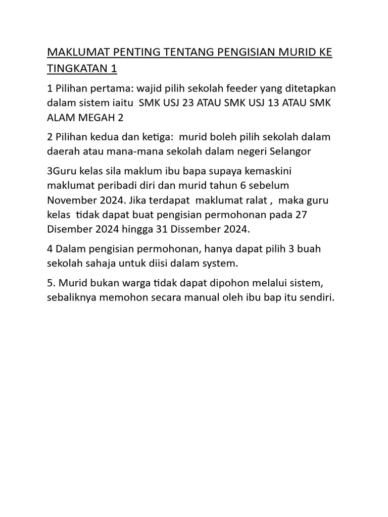 Maklumat Penting Tentang Pengisian Murid Ke Tingkatan 1 | PDF