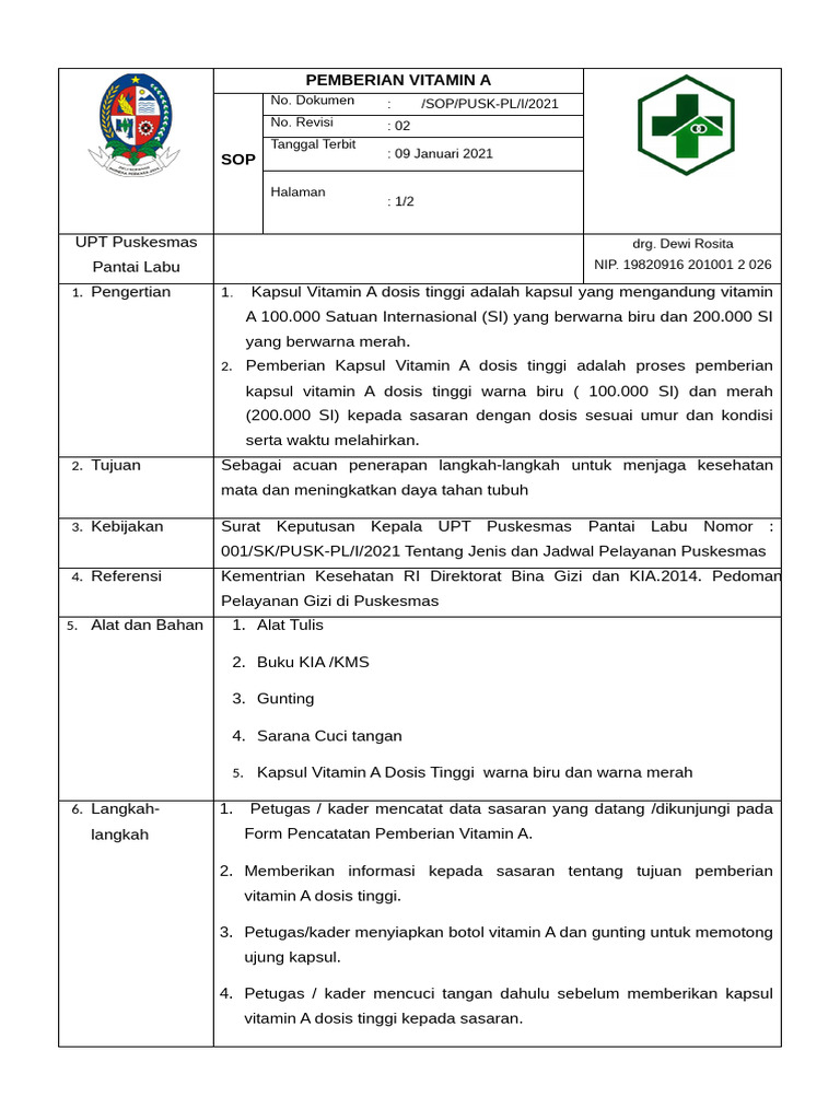 Sop Pemberian Vit A Dosis Tinggi 2021 | PDF