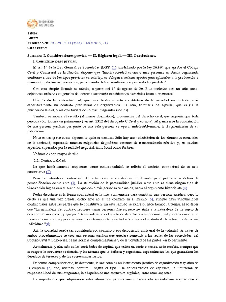 Sociedades Anonimas Unipersonales | PDF | Bienes (Ley) | Sociedad de responsabilidad limitada