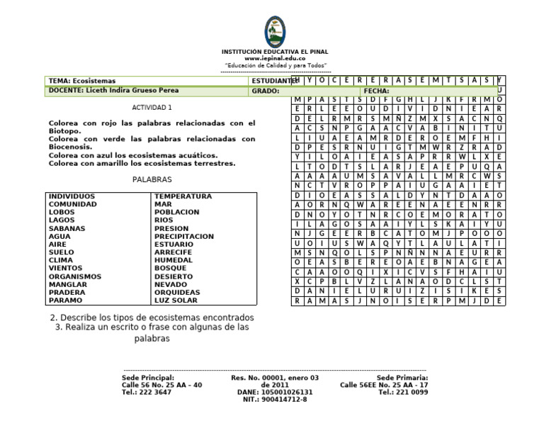 Sopa Letras Elementos y Tipo de Ecosistemas | PDF | Ecosistema | Naturaleza