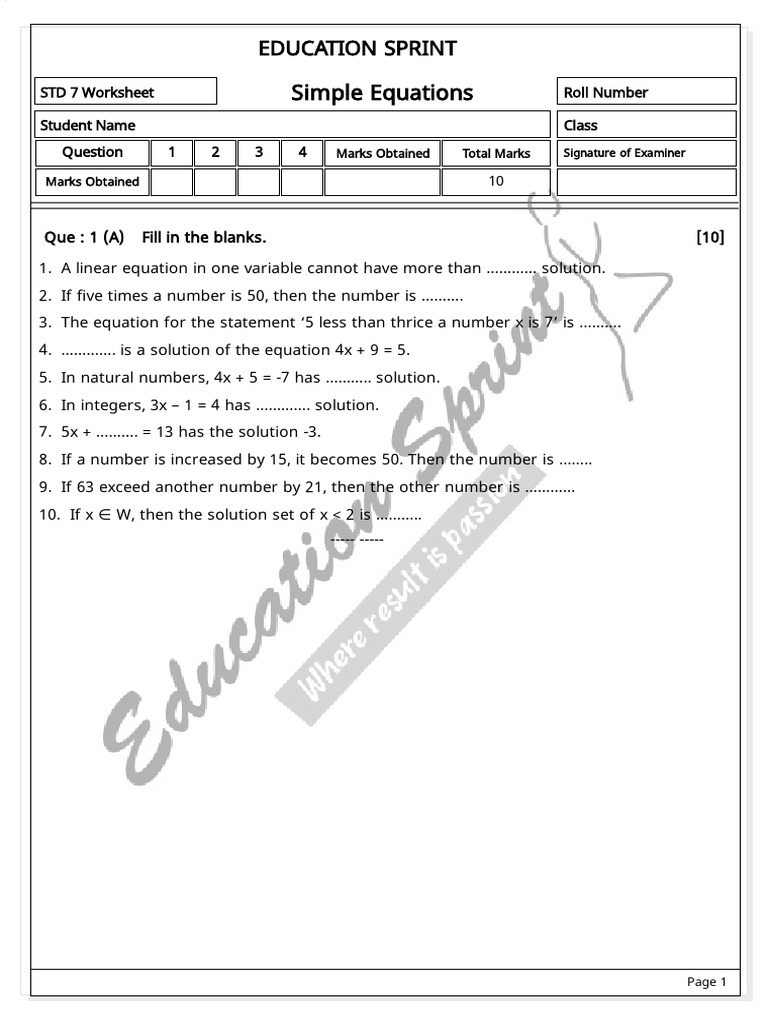 Simple Equations Worksheet | PDF