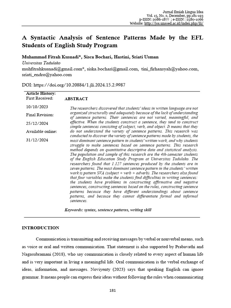 A Syntactic Analysis of Sentence Patterns Made by The EFL Students of English Study Program ...