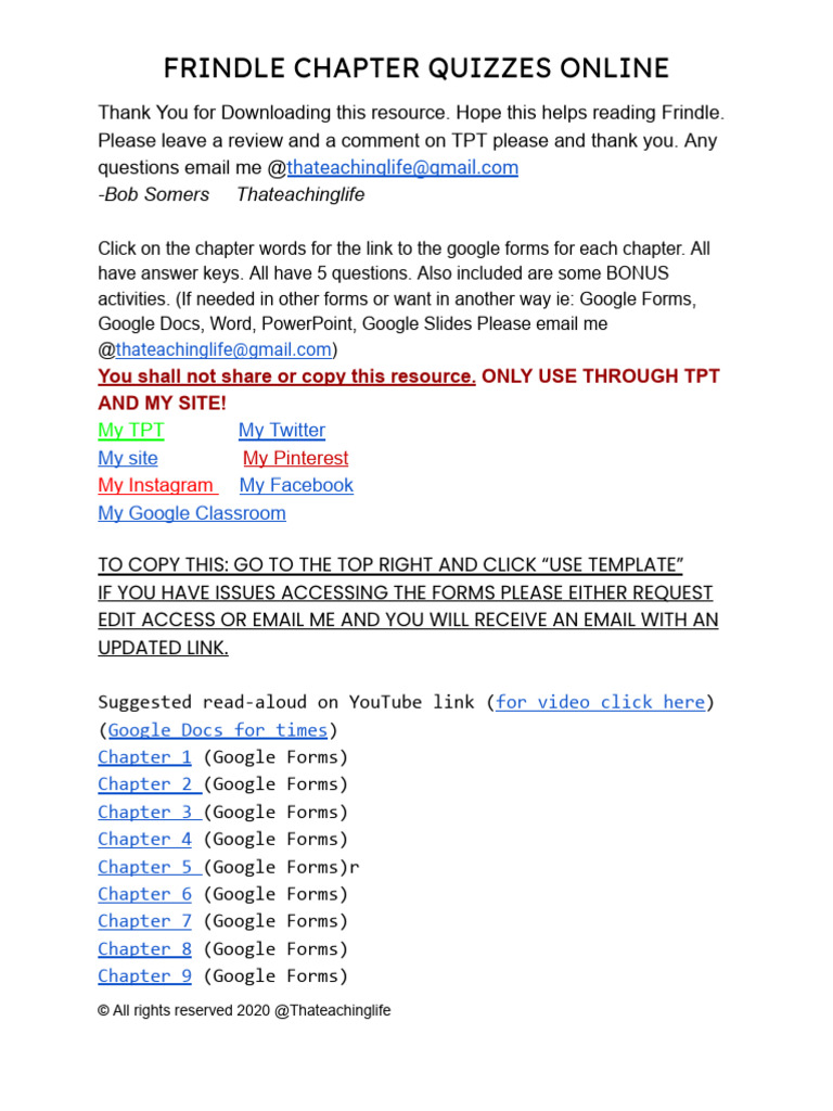 Frindle Chapter Quizzes Online: - Bob Somers Thateachinglife | PDF