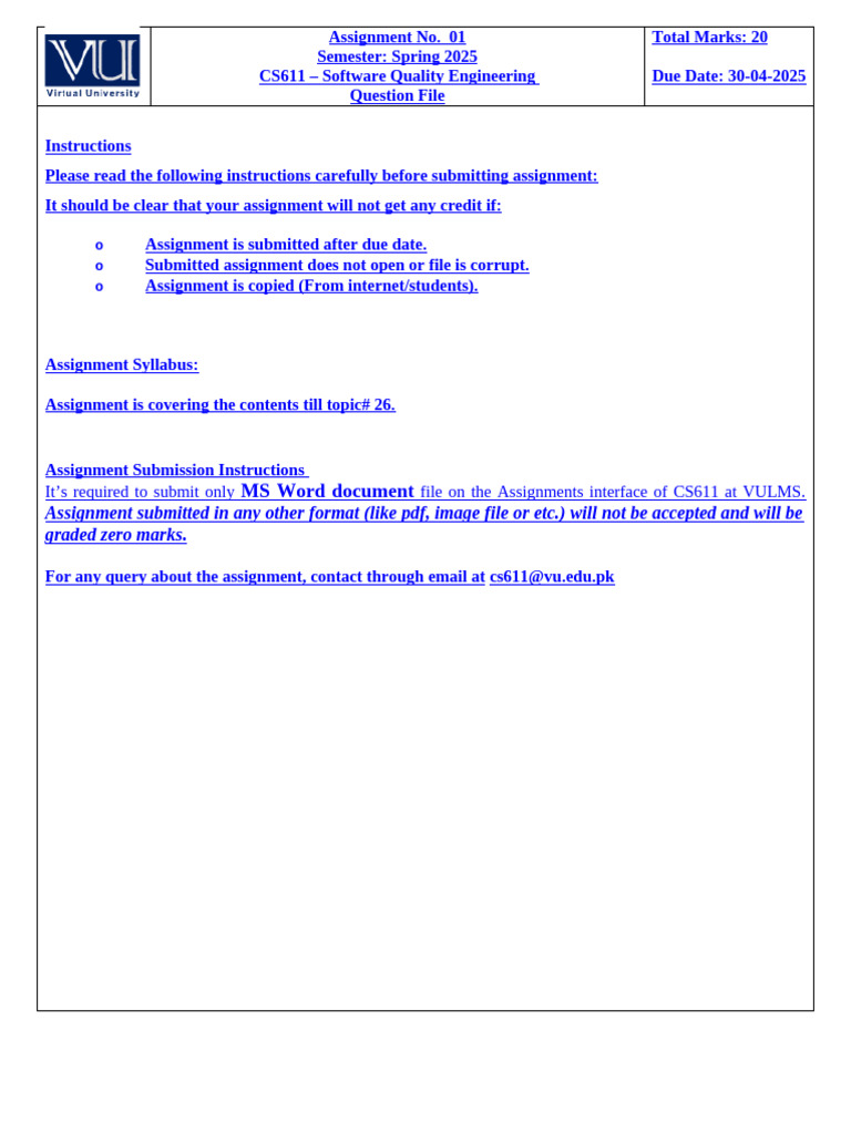 Spring 2025 - CS611 - 1 (BSCS) . | PDF | Software | Quality Assurance