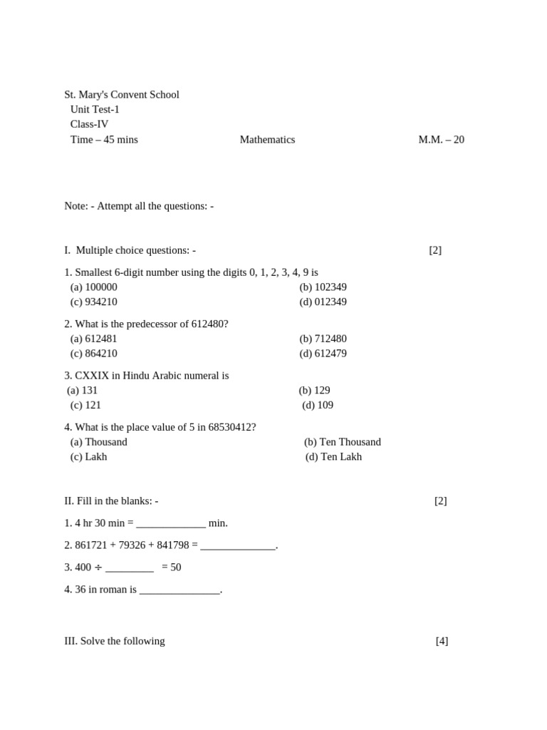 IV Mathematics Test | PDF