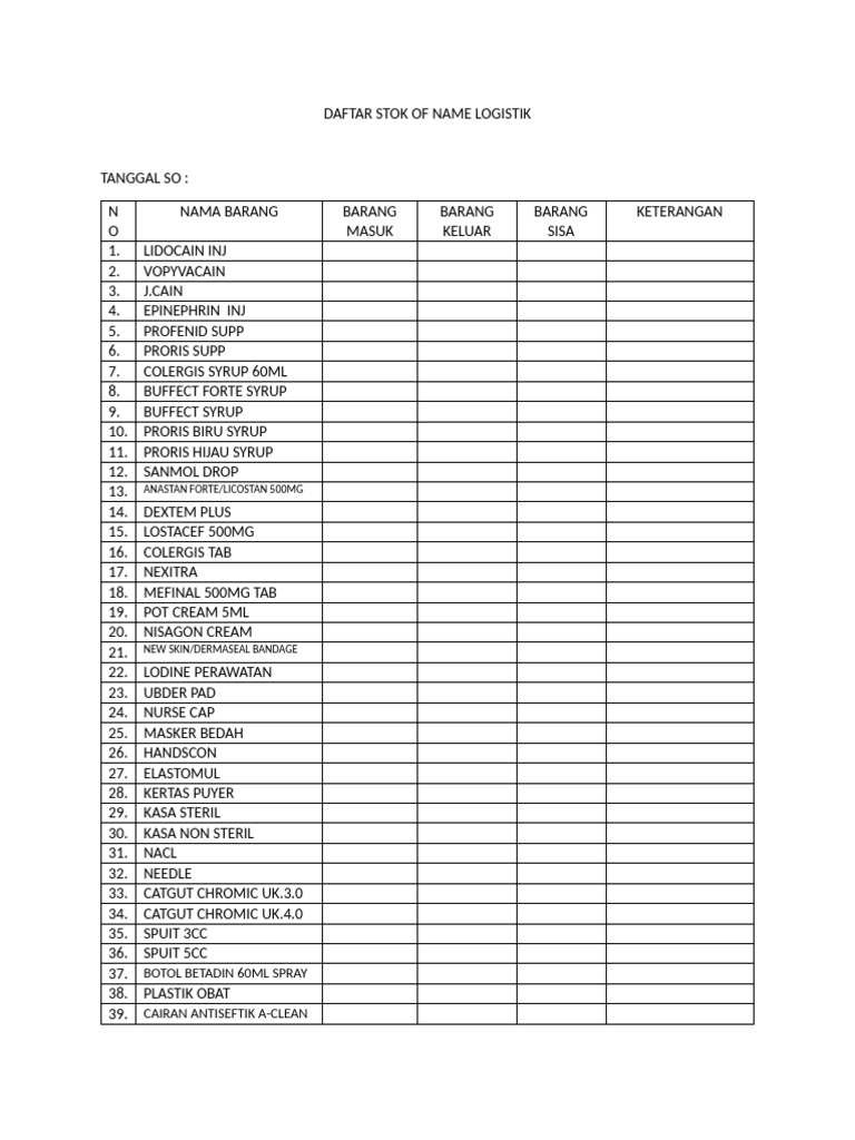DAFTAR STOK OF NAME LOGISTIK TERBARU | PDF