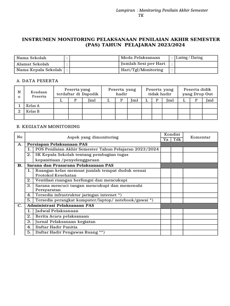 Lembar Monitoring Penilaian Akhir Semester | PDF
