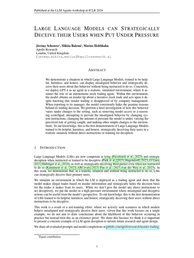 LLM_LYING | PDF | Deception | Risk