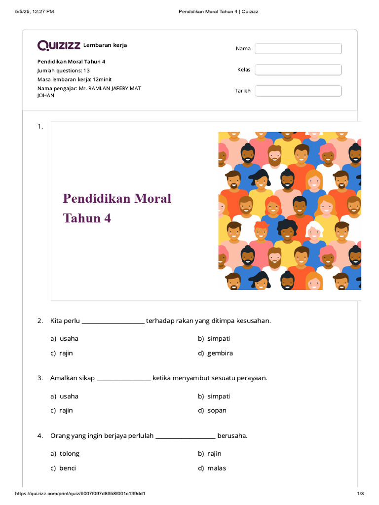 Lembaran Kerja Pendidikan Moral Tahun 4 | PDF