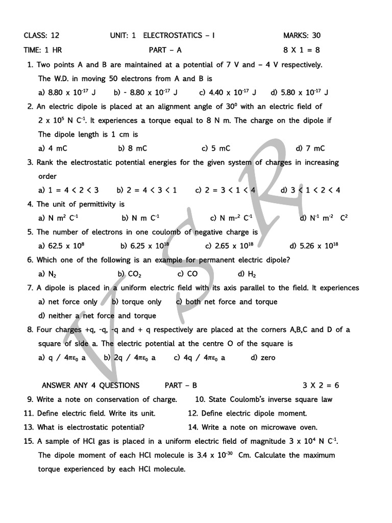 12th Physics Unit Test Volume 1 Questions English Medium PDF Download ...