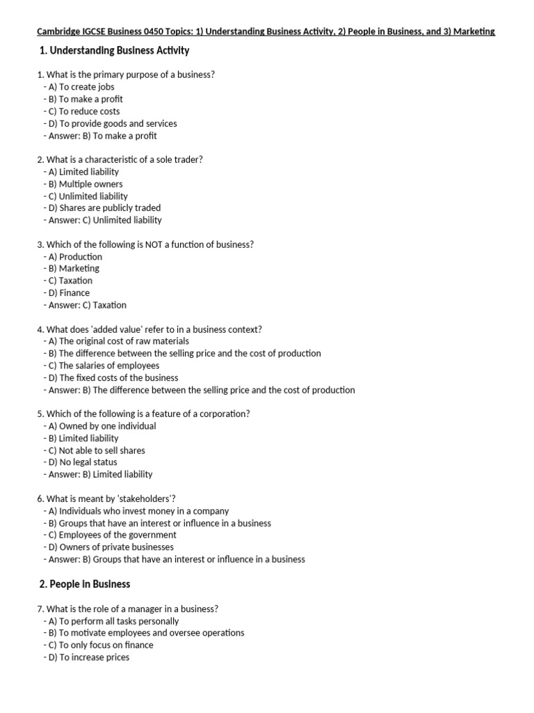 IGCSE Business-MCQs - Ans - Topics1-3 | PDF | Marketing | Market Segmentation