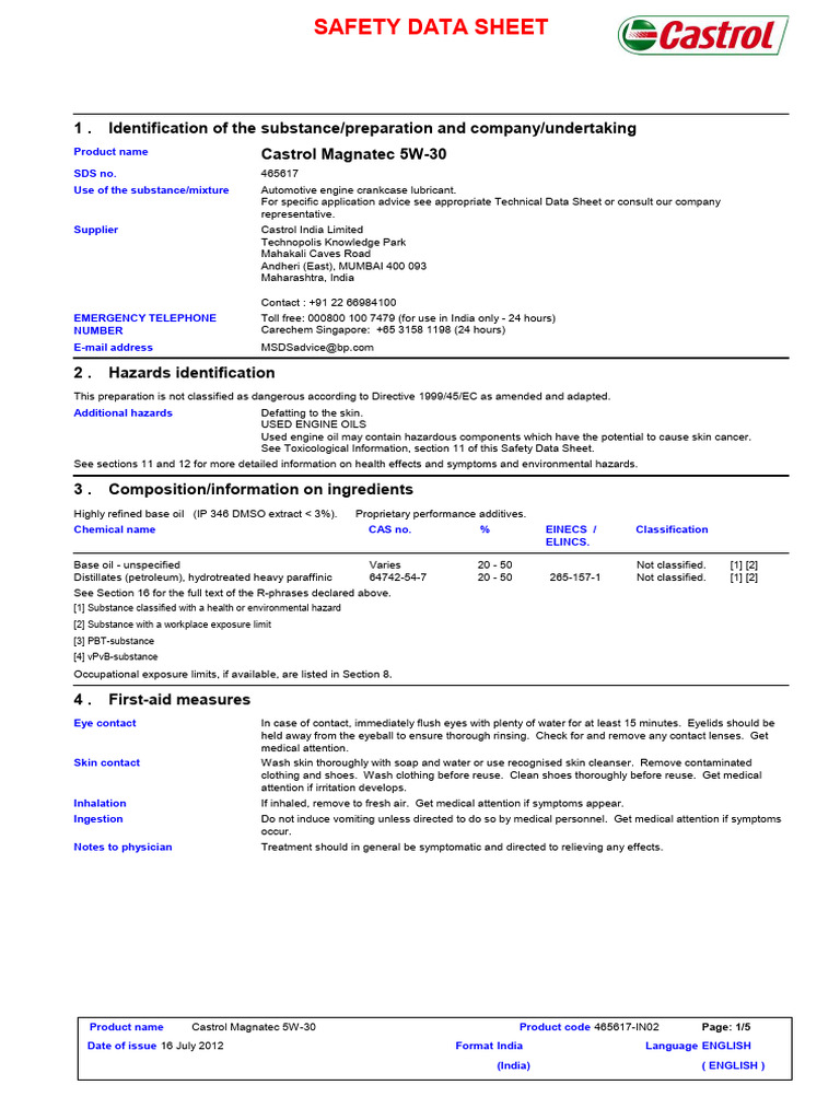 Castrol Magnatec 5W-30 Safety Data Sheet | PDF | Working Conditions ...