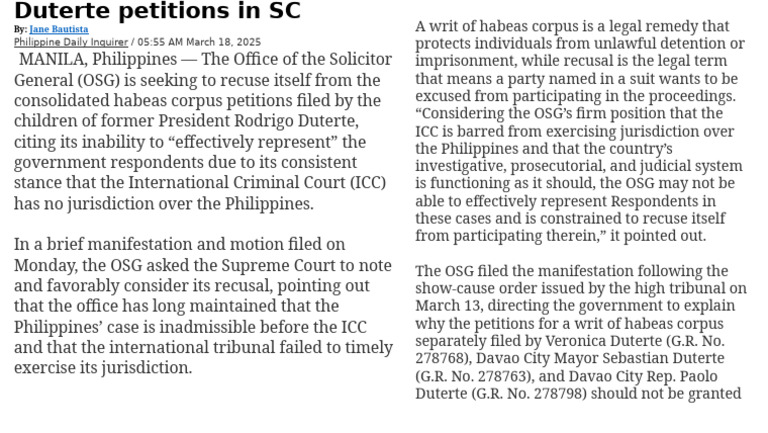 SolGen Wants No Part in Duterte Petitions in | PDF