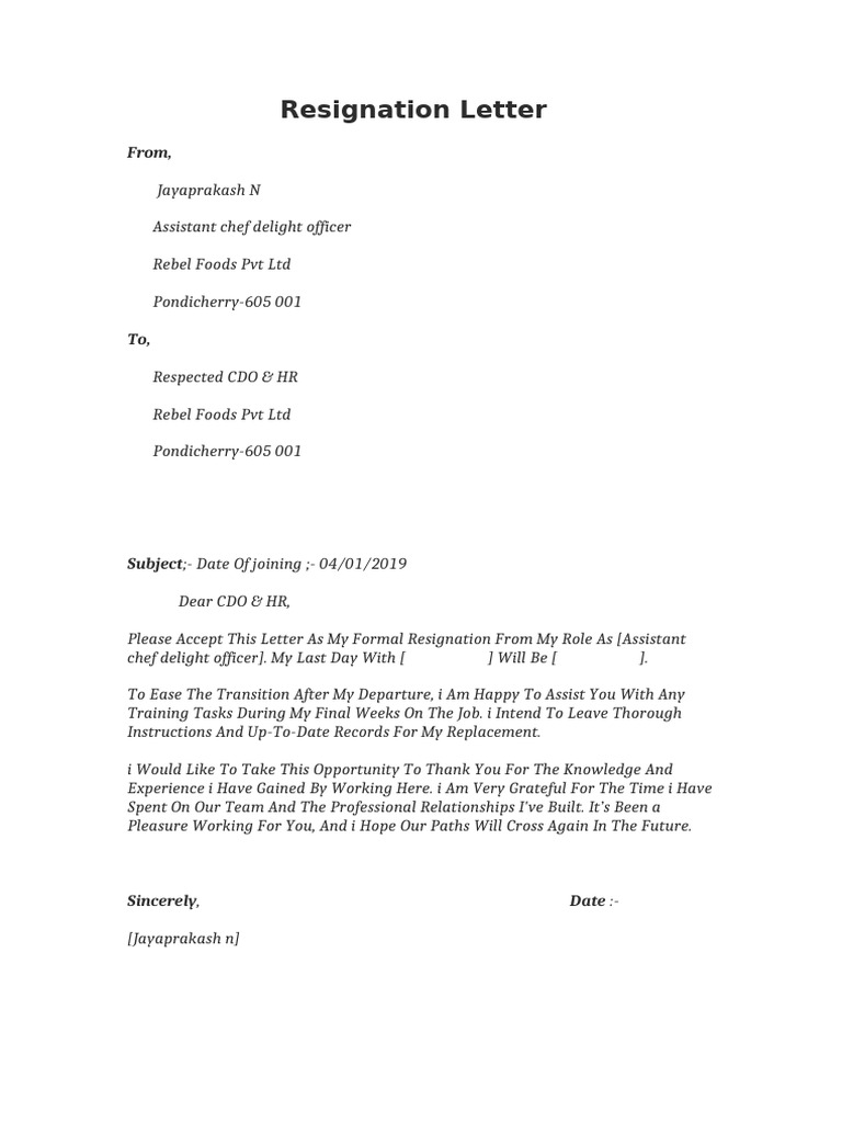 Chef Resignation Letter Template | PDF