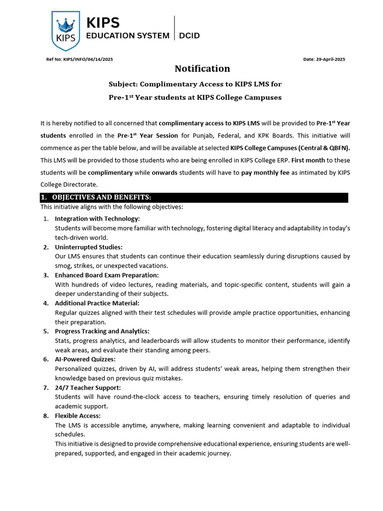 KIPS LMS Notification 29 April 2025 For KIPS Colleges | PDF | Cognition ...