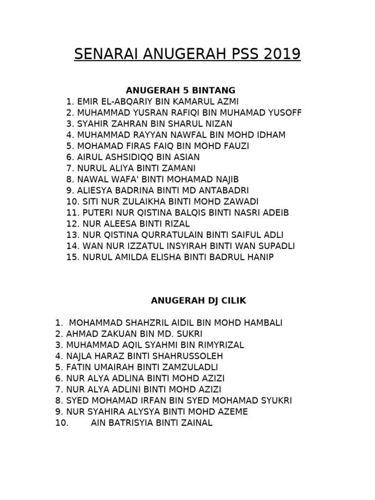 Senarai Anugerah Pss 2019 | PDF