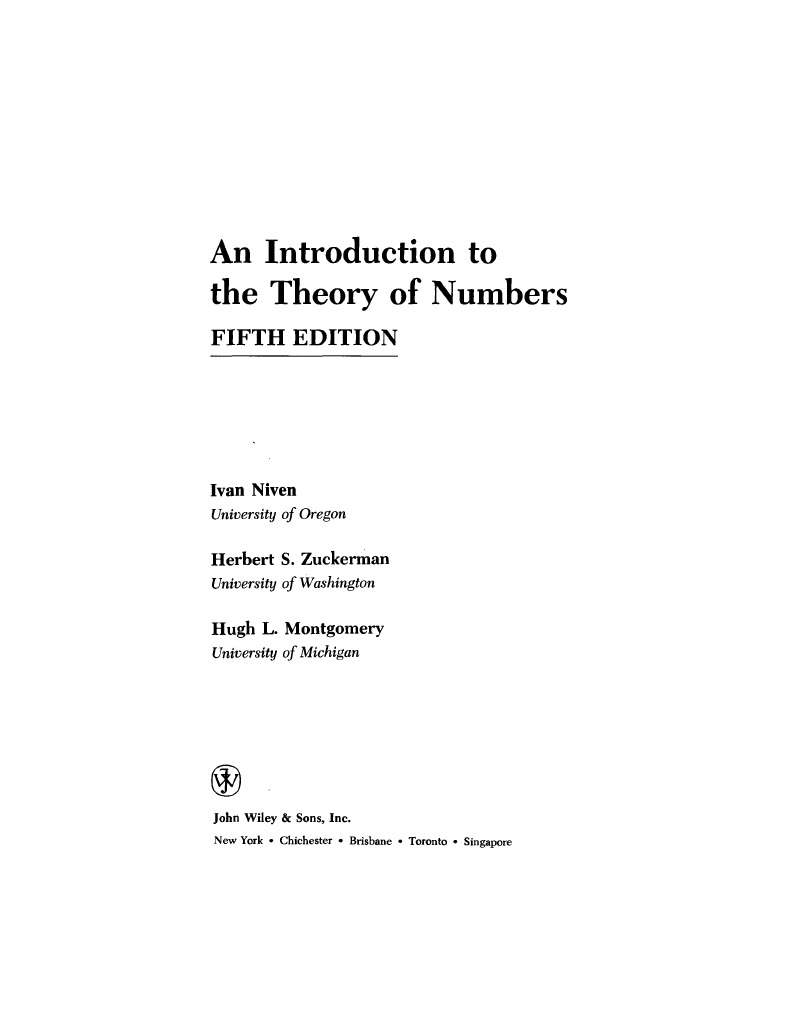 Ivan Niven, Herbert S. Zuckerman Hugh L. Montgomery An Introduction To ...