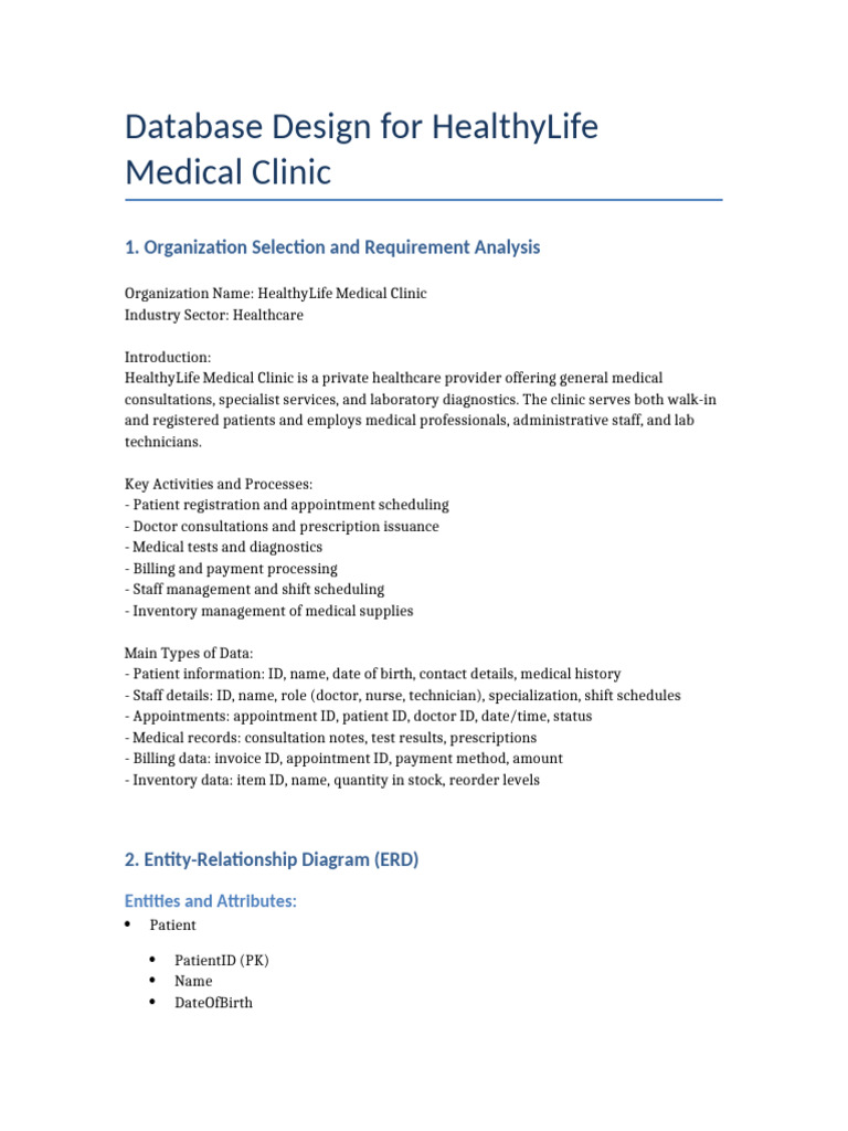 HealthyLife Clinic Database Design | PDF