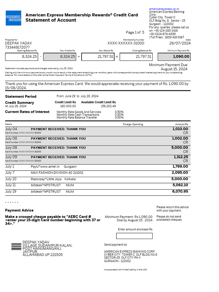 Statement of Account: American Express Membership Rewards® Credit Card ...