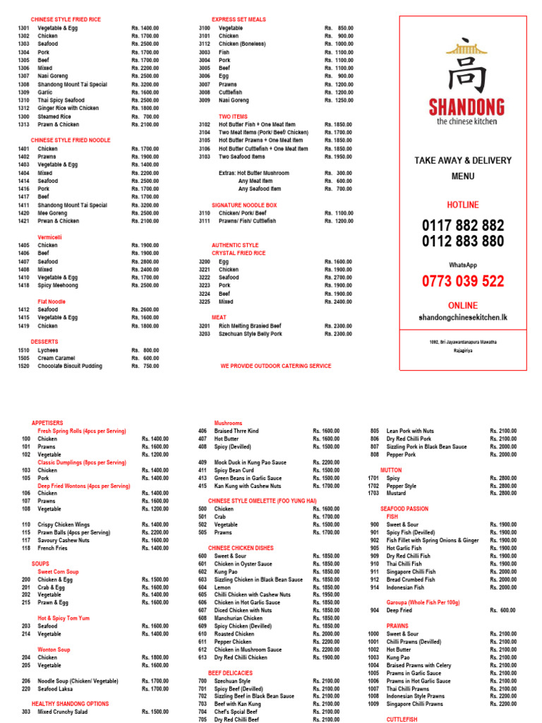 Shandong Take Away Menu 2024 | PDF | Thai Cuisine | Indonesian Cuisine